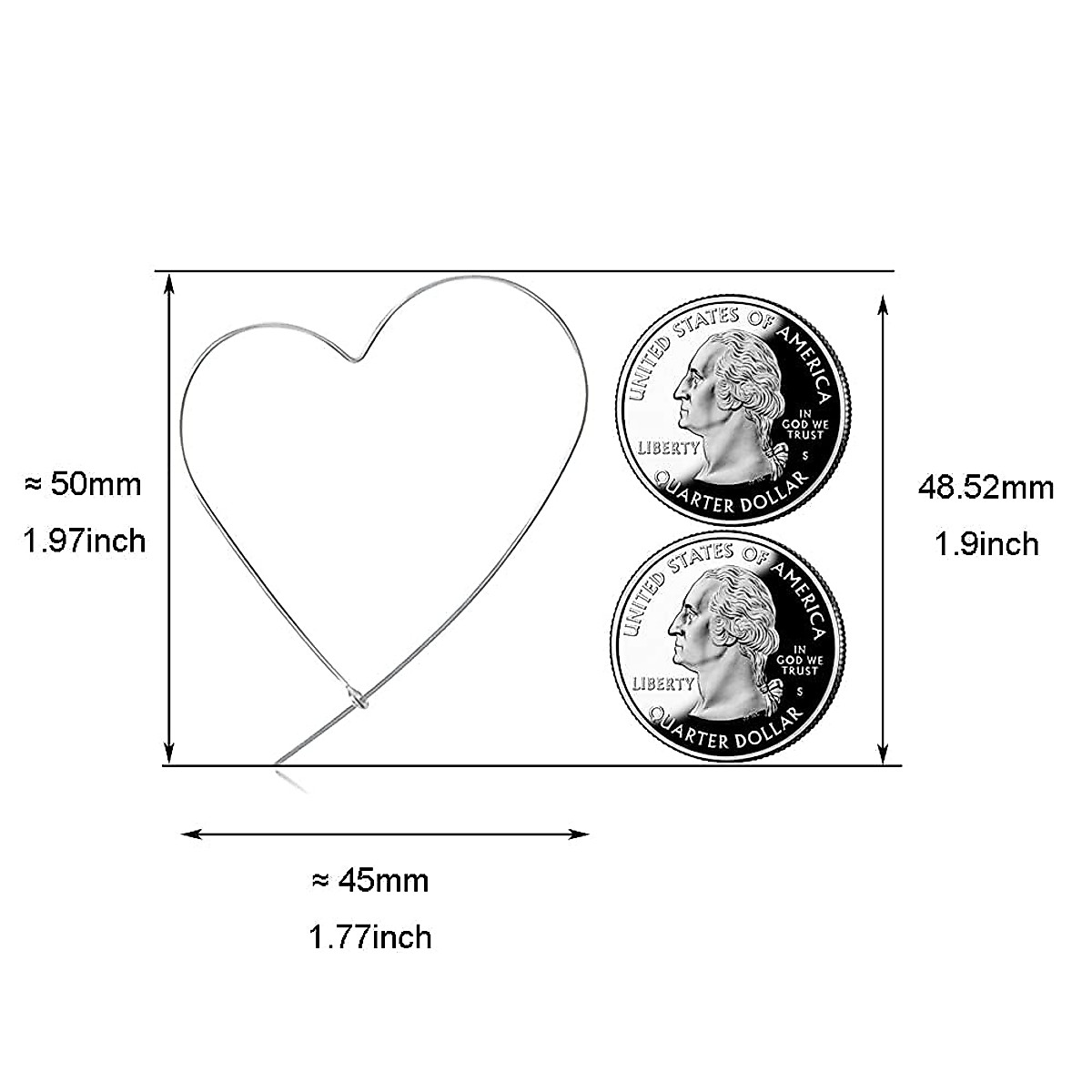 925 Sterling Silver Big Large Heart Hoop Earrings Threader Earrings for Women Thin Wire Lightweight 50mm for Women