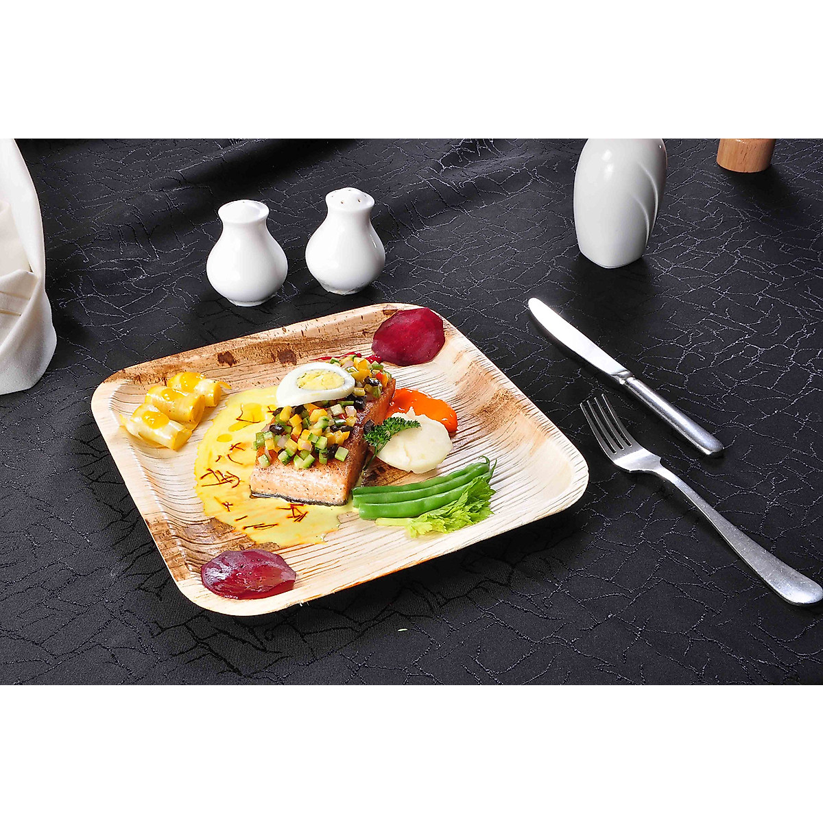 Atmos Green 25 pack 10" Square Palm Leaf Dinner Plate Compostable disposable premium heavy duty Eco-Friendly Microwave Refrigeration safe Bamboo like Wedding Events Party