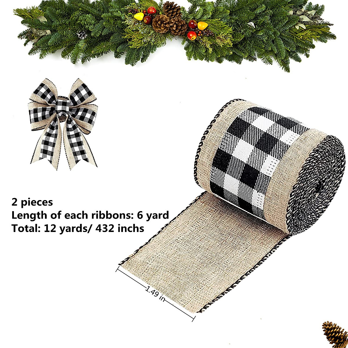 2 Rolls 12 Yards Buffalo Plaid Ribbons Burlap Wired Edge Plaid Ribbons 1.5 Inch Wide Check Gingham Fabric Craft Ribbon for Gift Wrapping DIY Bows Decoration Home Party Decor