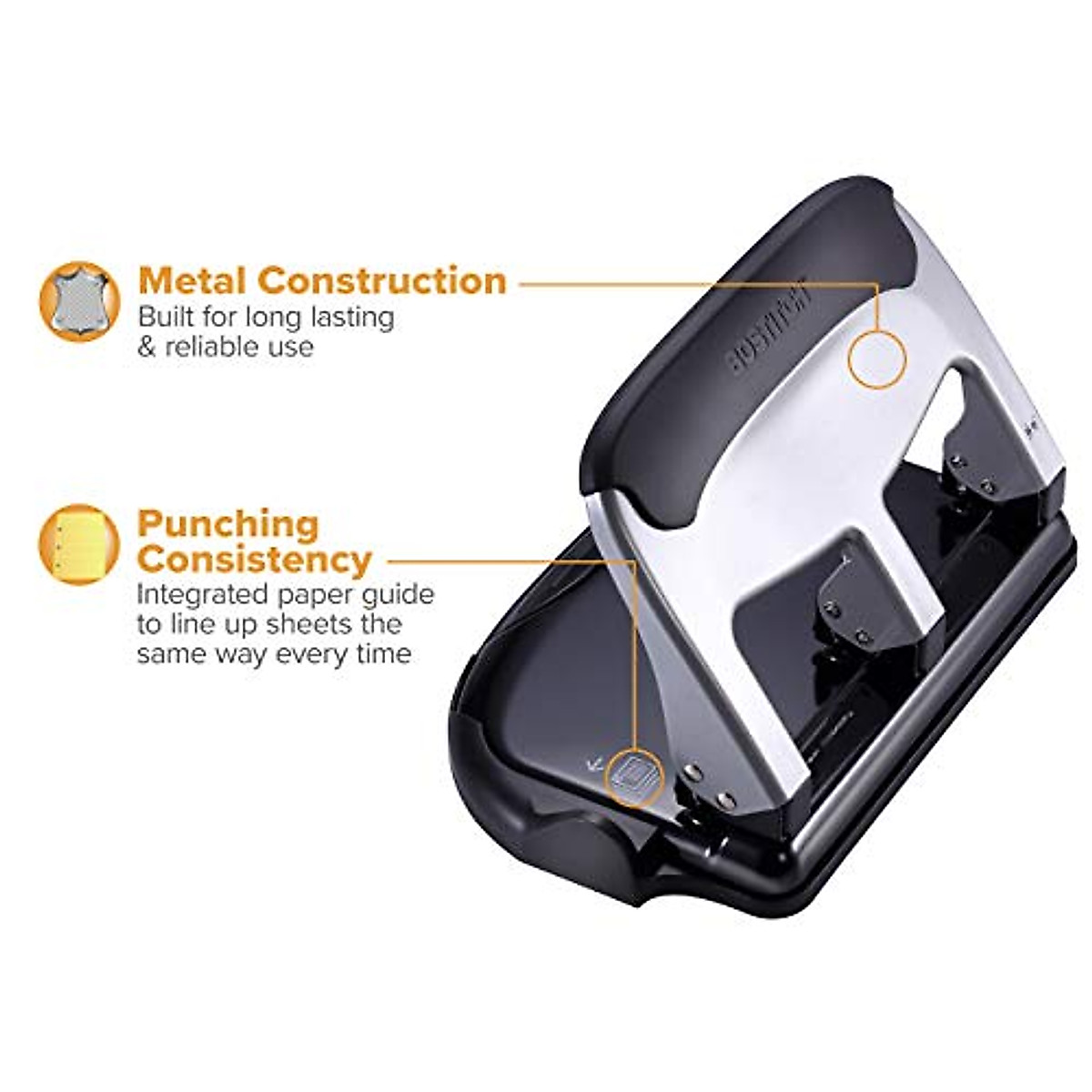 Bostitch Office EZ Squeeze Heavy Duty 3 Hole Punch, 40-Sheet Capacity, Use Less Force, Perfect for Home Office School Supplies, Sleek Design, Silver