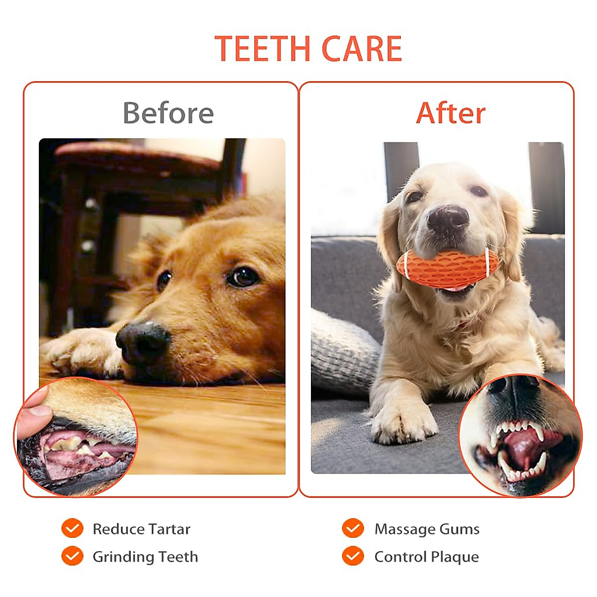 AUSCAT Dog Chew Squeaky Toy Ball, Dog Toy for Aggressive Chewers, Rugby Shape Rubber Chew Ball with Squeaker, Interactive Dog Ball for Fetch Game and Outdoor Play, Orange