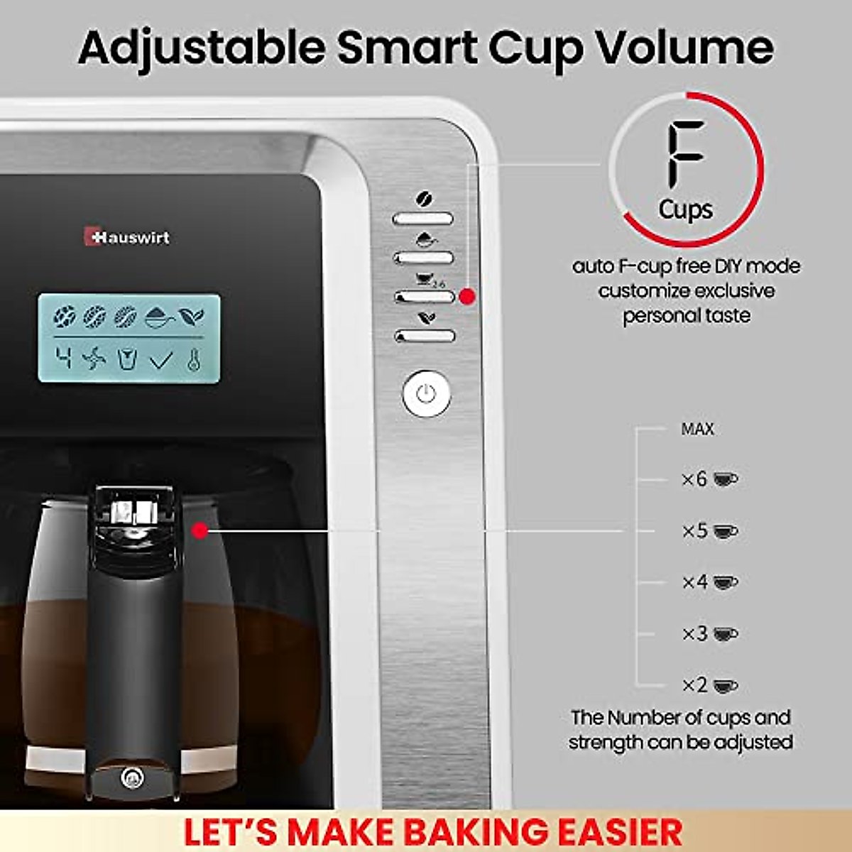 HAUSWIRT Coffee Maker with Grinder, Grind and Brew Coffee Maker with LCD Display, Automatic Drip Coffee Machine with Grind Size and 2 to 6-Cup Settings, Compatible for Bean Ground Coffee and Tea