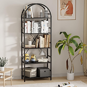 Arbuxzuy 5-Tier Bookshelf, 24 Inch Width Industrial Arched Bookcase, Vintage Storage Rack with Open Shelves, Free Standing Shelf for Home Office, Living Room,Bedroom, Black