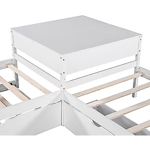 CITYLIGHT L-Shaped Platform Bed with Trundle and Drawers Linked with Built-in Desk, Wood Corner Bed with 3 Twin Beds for Kids Girls Boys Teens Bedroom (Twin,White)