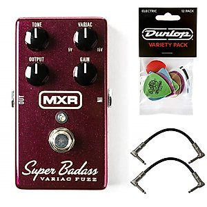 MXR M236 Super Badass Variac Fuzz Distortion Effects Pedal BUNDLE w/ 2 Patch Cables and Dunlop PVP101 Pick Pack