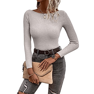 SweatyRocks Women's Basic Long Sleeve Boat Neck Top Ribbed Knit Slim Fit Pullover Sweater Apricot S