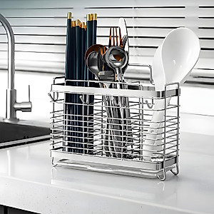 IWNTWY Utensil Holder, Stainless Steel Utensil Drying Rack with Drain Tray, Kitchen Counter Drainer Basket Silverware Cutlery Flatware Holder Forks, Knives, Spoons, Chopsticks Organizer (Silver)