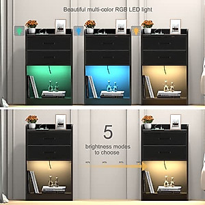 TOLEAD Nightstand with Charging Station and LED Lights, Modern End Side Table Bedside Table with 2 Drawers, Nightstand Storage Cabinet for Bedroom, Black