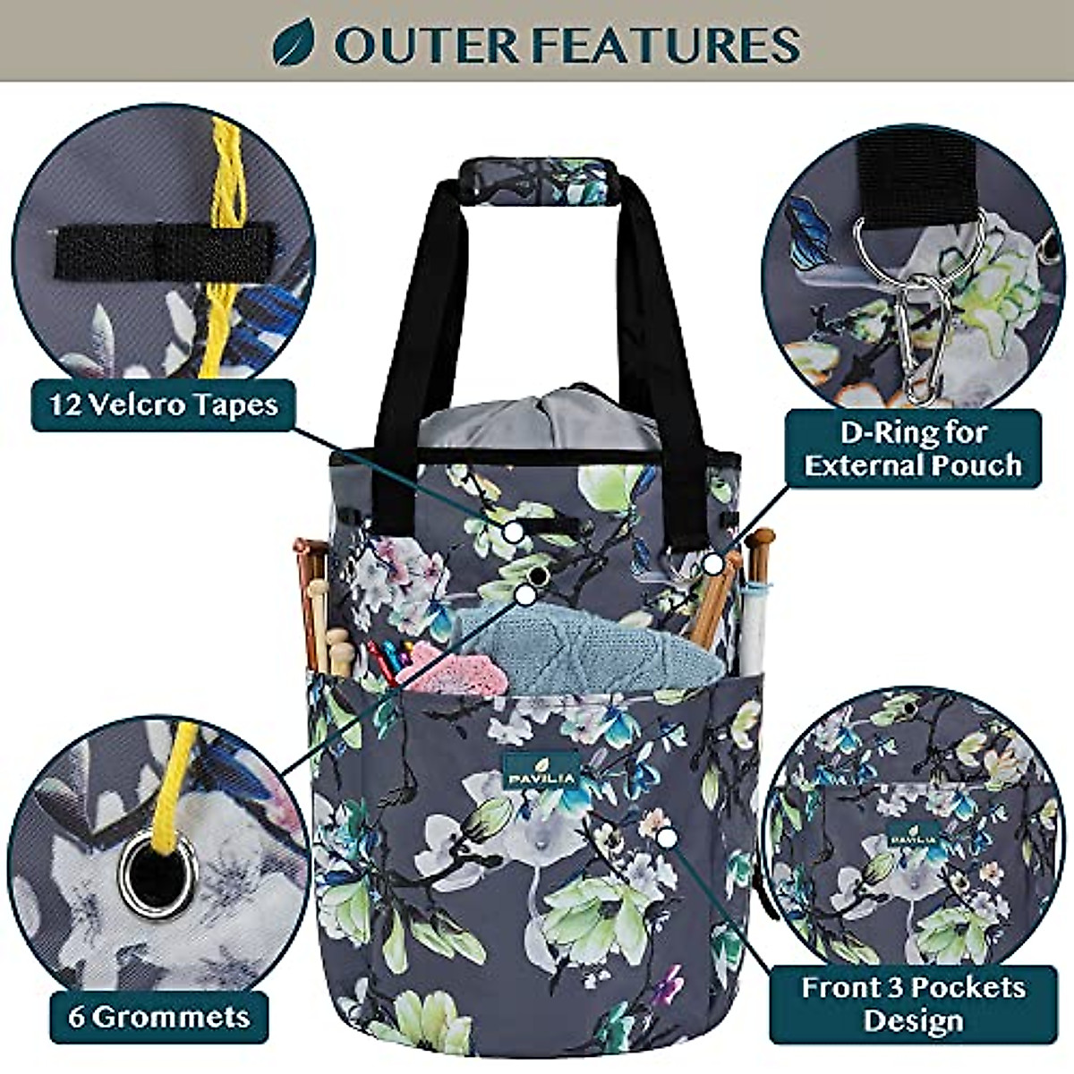 PAVILIA Knitting Bag Crochet Organizer Bag, Yarn Storage Tote, Knitting Accessories Supplies, Yarn Holder for Knitting with Grommets, Needles Hooks Essentials, Crochet Project Case (Floral Gray)