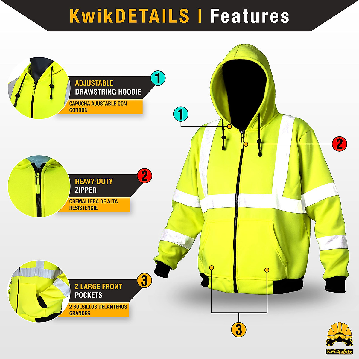 KwikSafety - Charlotte, NC - PATROL Safety Jacket [NO FUZZ Balls] Class 3 ANSI Tested OSHA Compliant Reflective Mens Fleece Hoodie/Yellow XL