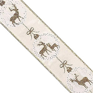 Designer’s Shop Holiday Reindeer Ornaments Wired Edge Ribbon 2.5” x 10 Yard for DIY Crafting, Home Décor WR 63-5139 (Gold)
