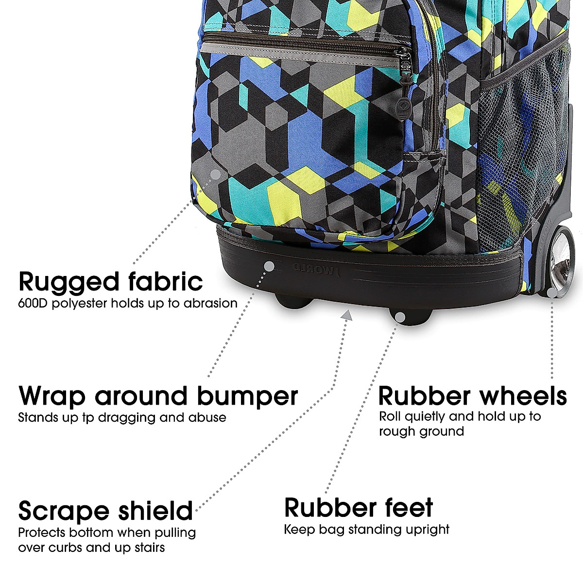 J World New York Sunrise Kids Rolling Backpack for Girls Boys Teen. Roller Bookbag with Wheels, Cubes, 18"