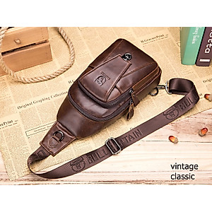 BULLCAPTAIN Leather Sling Bag for Men Multi-pocket Crossbody Chest Bag Travel Casual Shoulder Backpack (Brown)