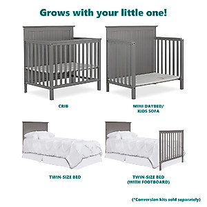 Dream On Me Ava 4-in-1 Convertible Mini Crib in Steel Grey, Greenguard Gold Certified, Non-Toxic Finish, Comes with 1" Mattress Pad, with 3 Mattress Height Settings