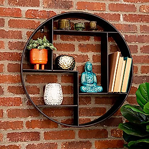 Urban Trends Collection Round Black Wall Shelf, Floating Metal Shelves Wall Decor with 7 Slots, and 2 Keyhole Hangers for Bathroom, Room, Bedroom, Kitchen, TV, Home, Size: 25.50"x4.50"x25.50"H