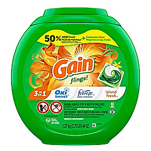 Gain flings! Laundry Detergent Soap Pacs HE Compatible 60 ct Long Lasting Scent Island Fresh