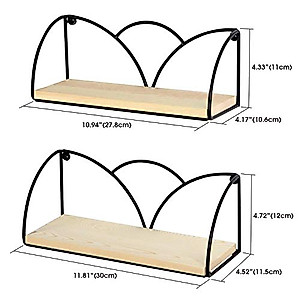 J JACKCUBE Design Floating Black Wire Wood Shelves Set of 2, Small Hanging Decorative Plant Wall Shelf for Bedroom Living Room Kitchen Bathroom Office - MK672A