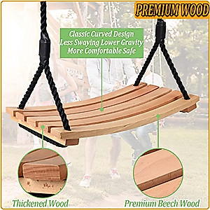 Taeku Adult Tree Swing, Hanging Beech Wood Swings with Adjustable Rope Garden Chair Seat Swing for Indoor Outdoor (22''x10'')