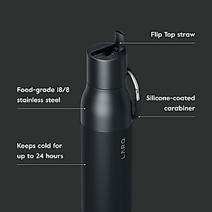 LARQ Flip Top 17 oz Insulated Stainless Steel Water Bottle With Straw | Thermos, BPA Free | Reusable Bottle for Sports, Gym, Travel | Keeps Drinks Cold 24 Hours, Obsidian Black