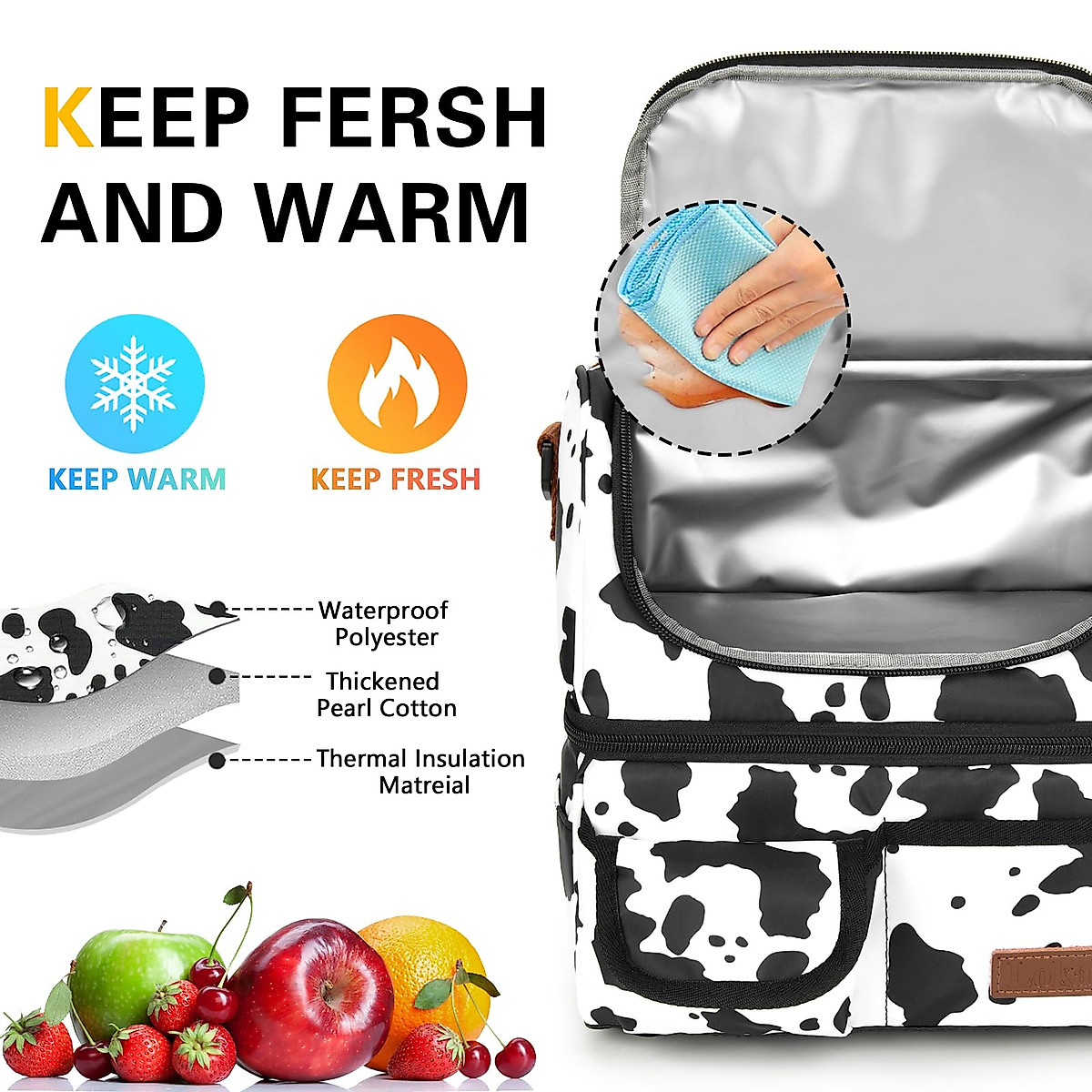 LOKASS Lunch Box for Women-Double Deck Insulated Adults Lunch Bag with Removable Shoulder Strap-Cow Print Cute Wide Open Lunch Tote for Work/Office/Picnic/Beach/Travel