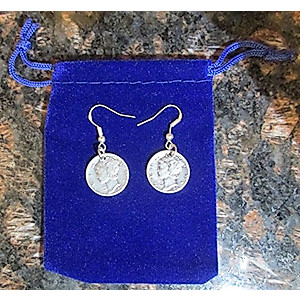 Mercury Dime (900 Silver) Earings with 925 Sterling Silver Earrings Hook Coil Ear Wires & Gift Bag