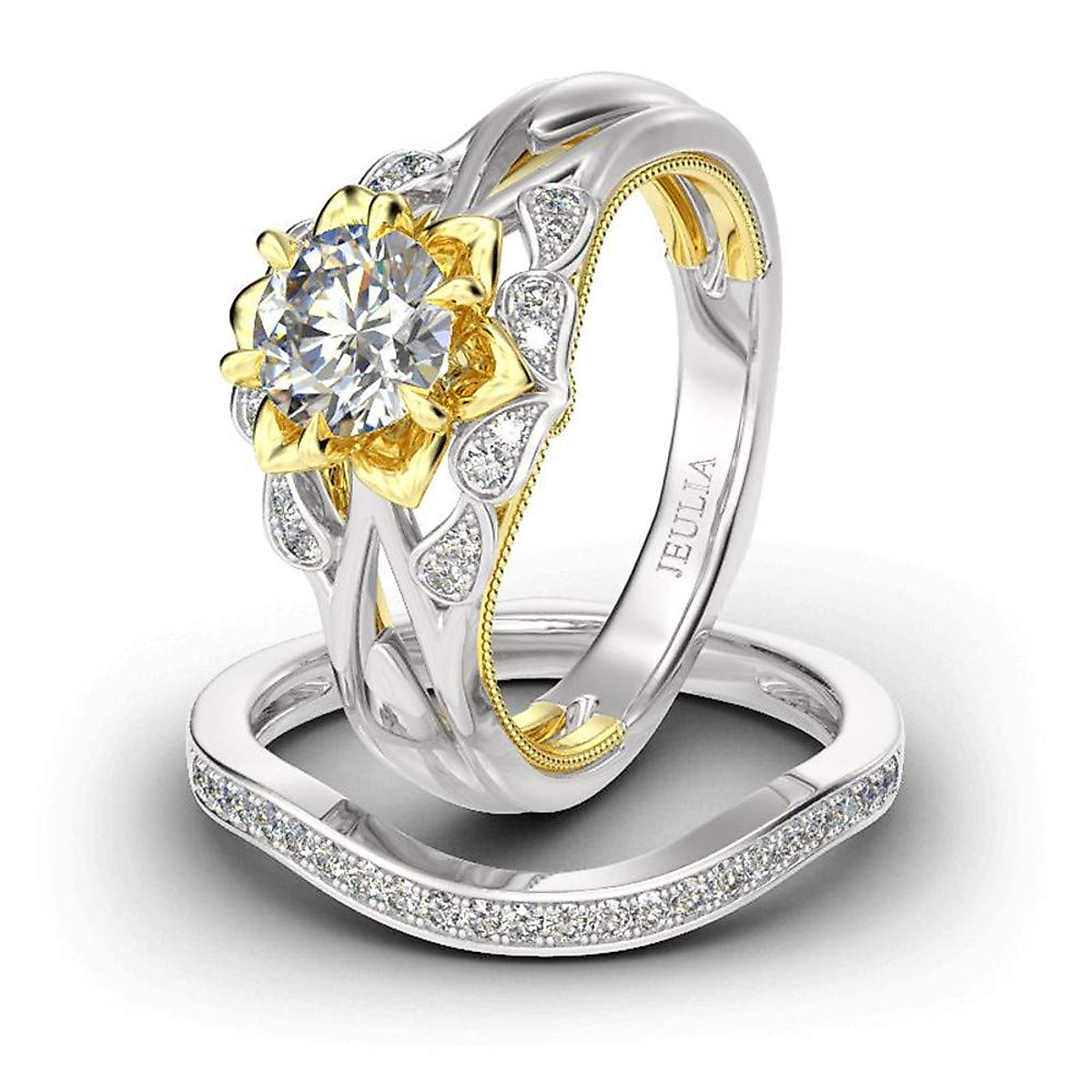 Jeulia 2 Carat Flower Engagement Ring Set for Women 14K Gold Plated Wedding Band Round Cut Cubic Zirconia Rings CZ Solitaire Engagement Rings (5)