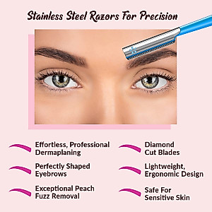 Womens Facial Razor Hair Removal - Dermaplaning Tool Peach Fuzz Remover Shaver Trimmer Women Remove Fine Hair Blue Eyebrow Razors Dermaplane Face Shavers Exfoliating Sensitive Skin Travel Essential
