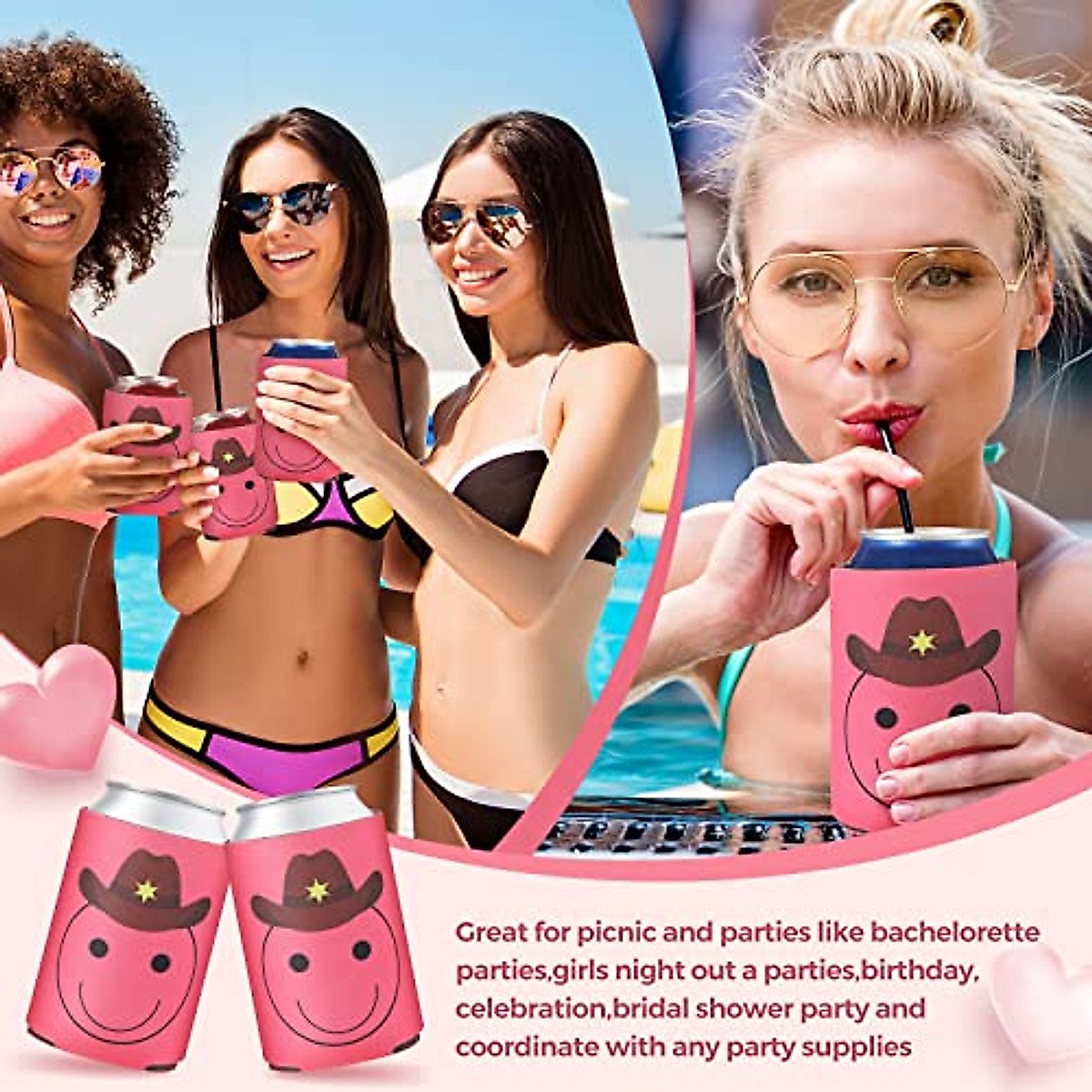 16 Pieces Cowgirl Bachelorette Party Decorations Disco Cowboy Bachelorette Can Sleeves Can Coolers Pink Can Covers Insulated Neoprene Drink Holder for Bridal Shower Wedding, Fit 12-16 oz