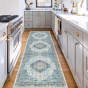 Beeiva Oriental Long Hallway Runner Rug Washable, 2.5x8 Low Pile Carpet Runner Rug Non Slip, Blue Rug with Rubber Backing Kitchen Runner Rug for Bedroom Entryway Laundry Room