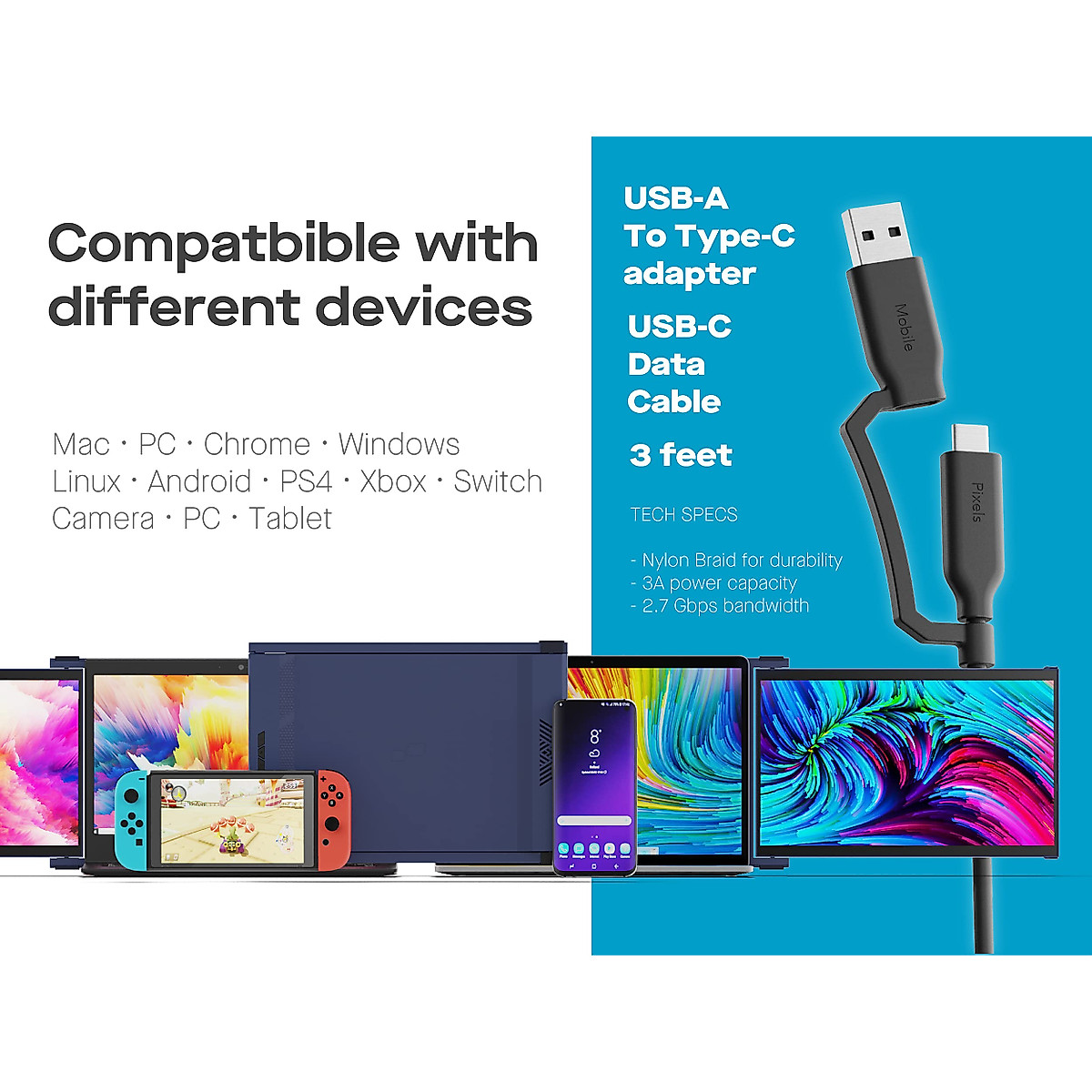 Duex Max Blue Portable Monitor with Adhesive, Mobile Pixels 14.1" Full HD 1080P IPS Auto Rotated Laptop Screen Extender, USB A/Type-C USB Powered Plug and Play