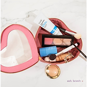 Aaly Beauty Heart Makeup Bag – Pink Heart Shaped Cosmetic Organizer with Clear Cover – Large Capacity for Full Size Makeup – Fits Daily Essential Skincare, Makeup and Brushes