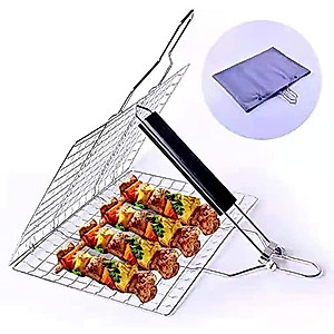 Fish Grill Basket,Olighan Foldable Grilling Basket with Removable Handle,Stainless Steel Large Folding BBQ Rack,Portable Camping Grilling baskets for Vegetables,Steak,Fish,Shrimpand at Home or Outdoor
