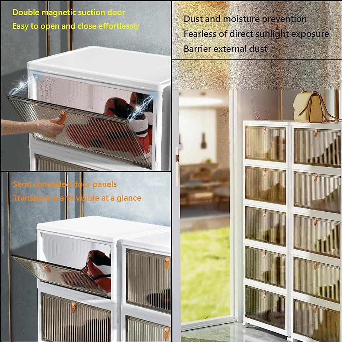 White 5 Tier Plastic Storage Bins Organizer with Lids and Wheels, 17.13 × 12.4 × 45.47 Inch Stackable Bins for Storage, 46Qt Folding Storage Boxes for Home, Dorm Room, 5th storage box (Five layers)