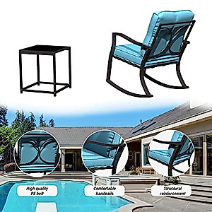 RTDTD 3 Piece Outdoor Rocking Chairs Patio Bistro Sets Modern Patio Furniture Set Conversation Sets with Coffee Table & 2 Blue Thickened Cushions for Garden, Pool, Backyard