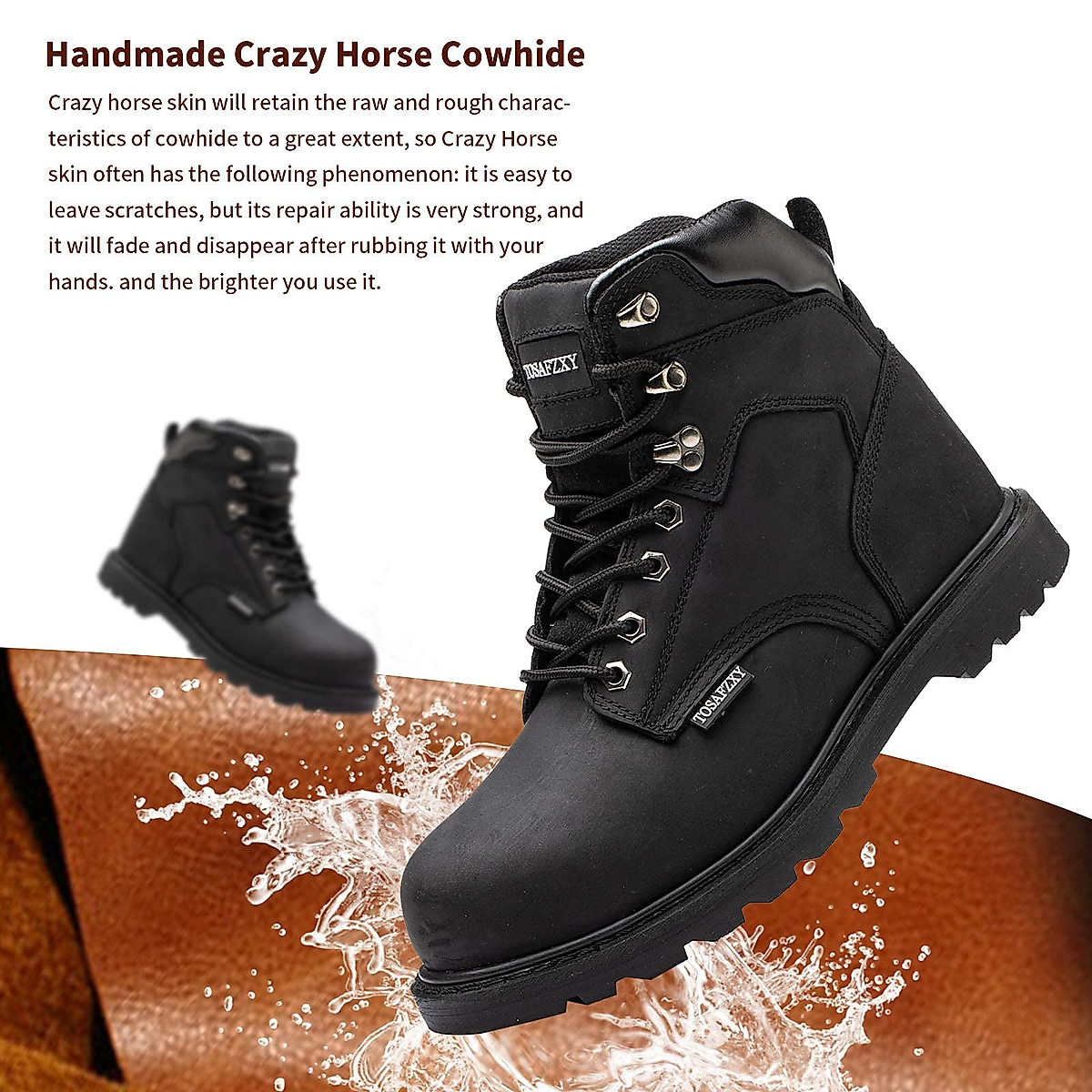 TOSAFZXY Work Safety Boots for Men Durable Crazy-Horse Leather Indestructible Steel Toe Waterproof and Non-Slip Better Warmth Men Work Shoes Black 10