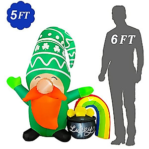 JOYEASE 5Ft Inflatable St Patricks Day Gnome with Rainbow Pot of Gold Decoration, LED Light Up Blow up Gnome for Home Yard Lawn Garden Indoor Outdoor Party Holiday Decor