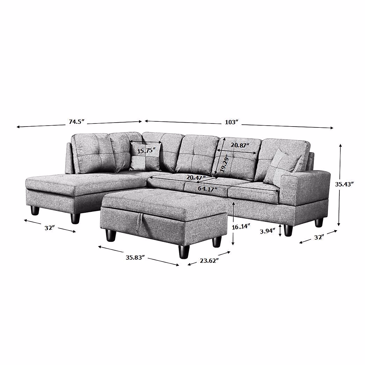 GINGVAT Faux Leather Sectional Right Facing Sofa,3Pcs Living Room Furniture Set L-Shape Couch with Chaise Lounge, w/Storage Ottoman and Pillows,Comfortable,Black