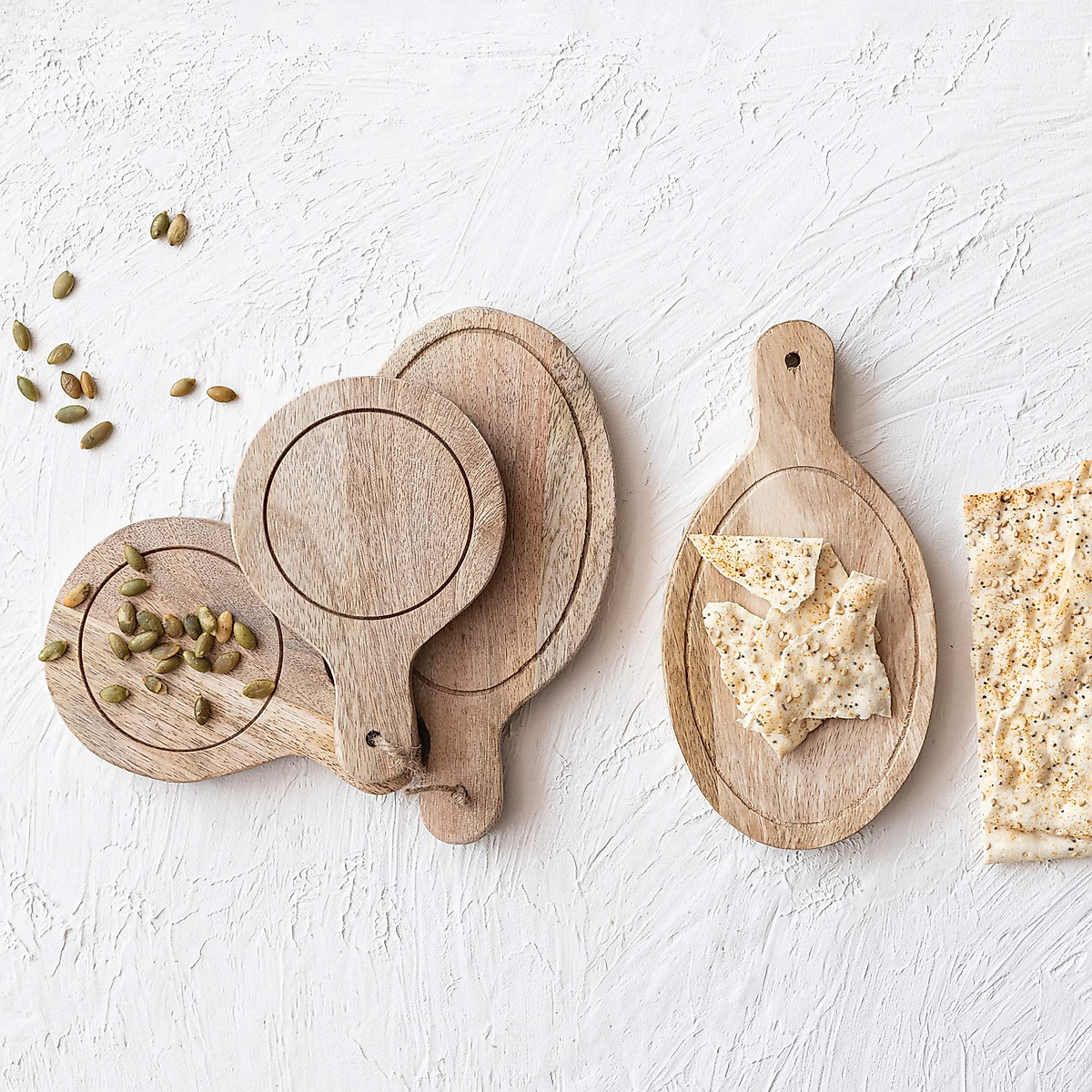 Creative Co-Op Mini Wood Serving Boards with Handles, Set of 4, 2 Styles