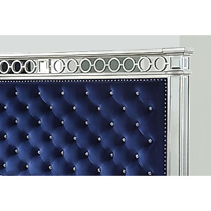 Acme Varian Queen Upholstered Panel Bed in Blue Velvet and Mirrored