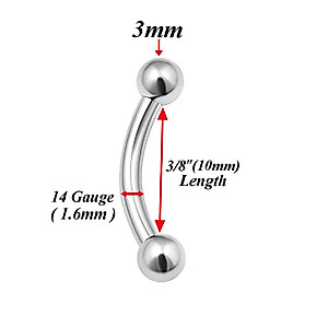 bodyjewellery 4pcs 14g Curved Barbell Septum Cartilage Earring Eyebrow Nose Lip Tragus Rook Daith Conch Stud Steel 3mm Balls - 10mm