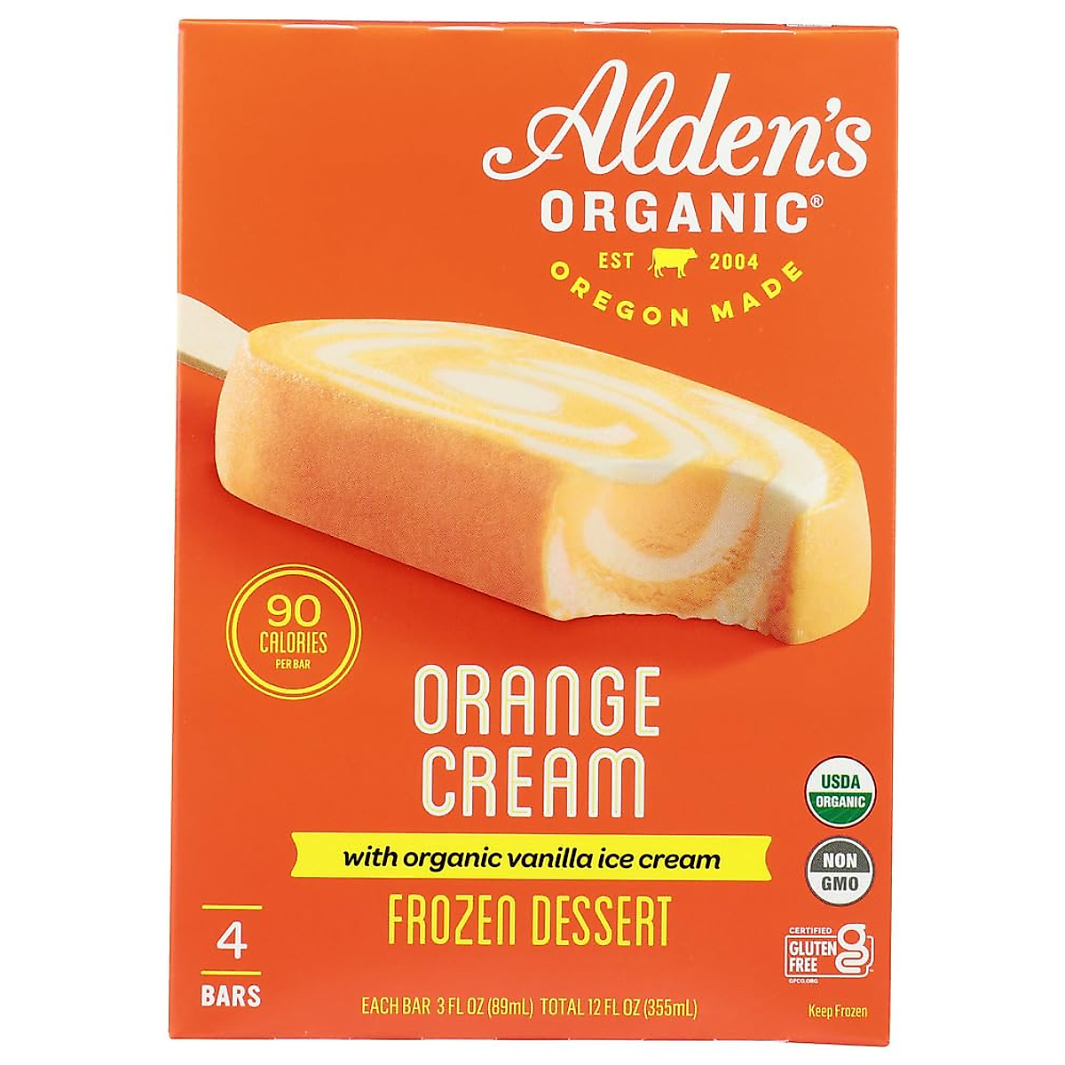 Aldens Organic New School Orange Cream Ice Cream Bars, 3 Fluid Ounce - 4 count per pack - 12 packs per case.