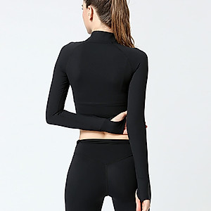 Flygo Women's Lightweight Athletic Full Zip Cropped Workout Running Jacket with Thumb Hole (Black, X-Large, x_l)