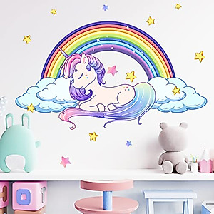 Unicorn Wall Decals Art Rainbow Wall Decals Waterproof Unicorn Wall Stickers with Star Cloud Peel and Stick Rainbow Stickers for Girls Kids Bedroom Nursery Playroom Decor (Unicorn)