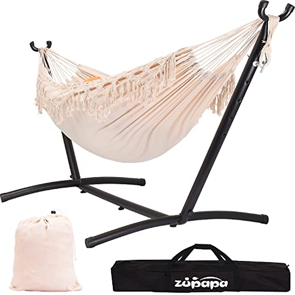 Zupapa 2 Person Hammock with Stand and Carrying Case, 550 Capacity, Portable for Living Room, Garden, Tassel Macrame White