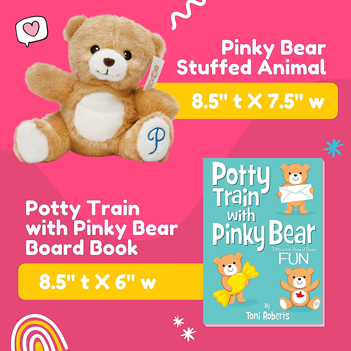 Potty Train with Pinky Bear, Reward Based Potty Training Bear w/Prize Pocket/Pouch & Childrens Board Book, Learning Tool for Toddlers, Boys & Girls - Teaching Potty Chair Fun & Awareness Ages 2-3+