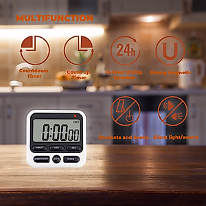 NKOVE Digital Kitchen Timer 24 Hour Clock and Alarm Function with Silent or Alarm Manual Switching Count UP or Down and Memory Function Black