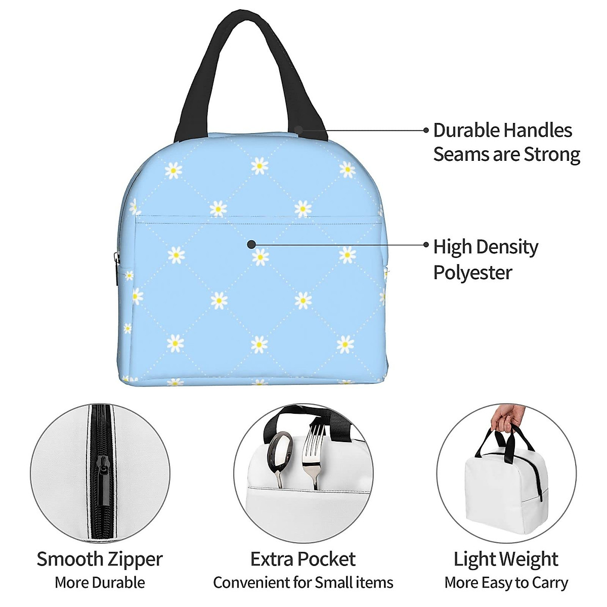 Ucsaxue Insulated Lunch Bag Women Men, Reusable Tote Lunch Box, Leakproof Cooler Lunch Bags for Work Office Travel Picnic, Cute Daisy Flower Light Blue