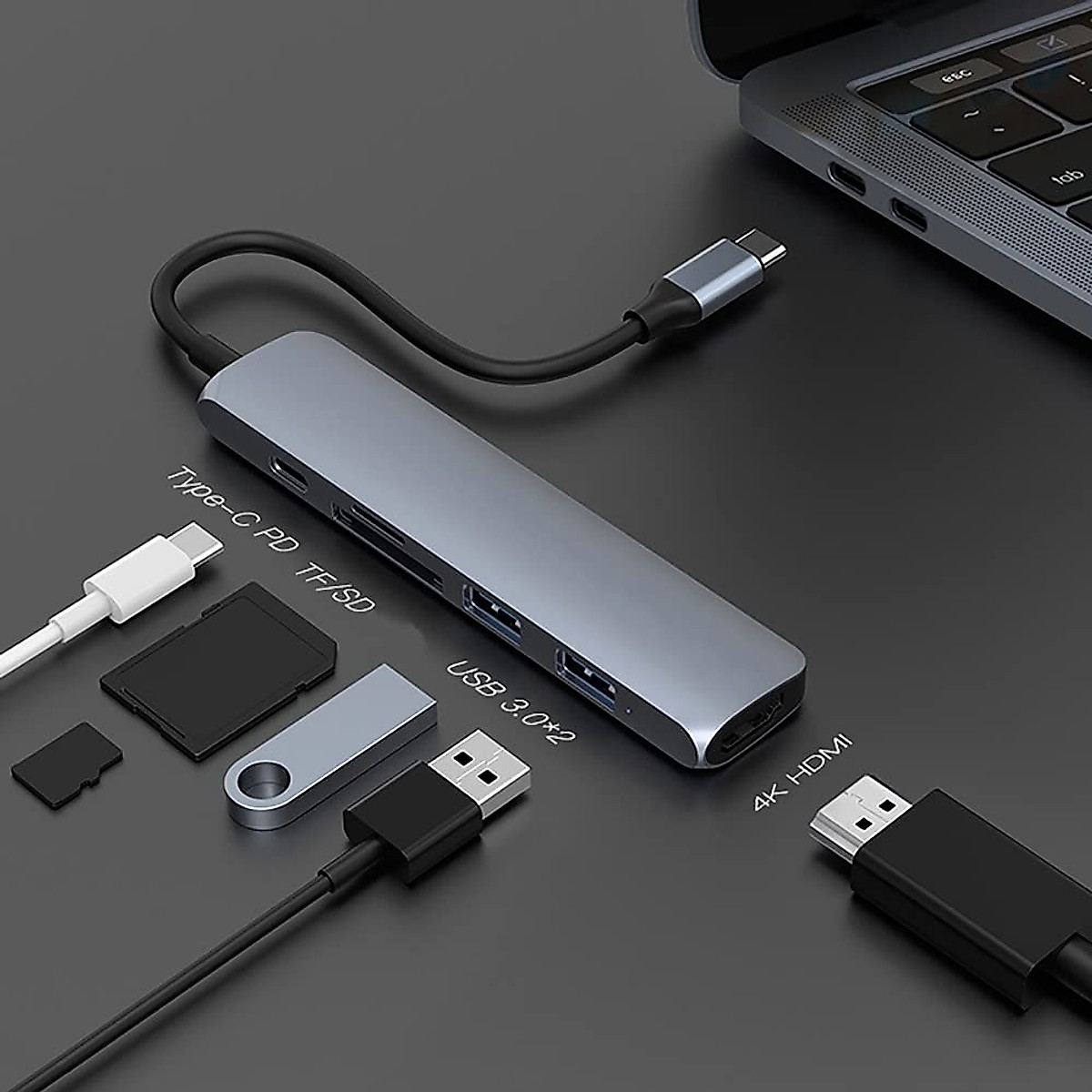 Port Expander USB C Hub 6 in 1 USB-C Dock Type C Hub Multiport Adapter with 60W PD Charging, HDMI, 2 USB 3.0 Ports, SD/TF Card Reader USB Splitter (Color : Silver)