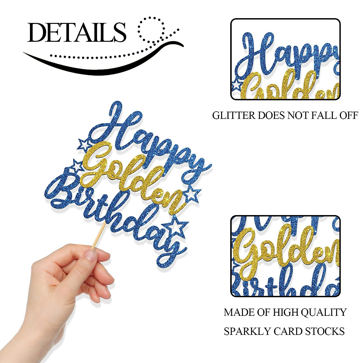 MonMon & Craft Happy Golden Birthday Cake Topper/Happy 1st 20th 30th 40th 50th Birthday Cake Decor/Golden Birthday Party Decorations - Blue & Gold Glitter