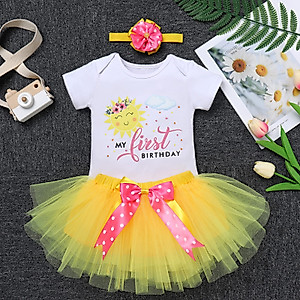 Newborn Infant 1st Birthday You Are My Sunshine Tutu Yellow One Year Party Princess Romper/Headband 3PCS Baptism Christening Dedication Clothes Set Formal Suit Dance Gown Floral-my 1st birthsay 1T